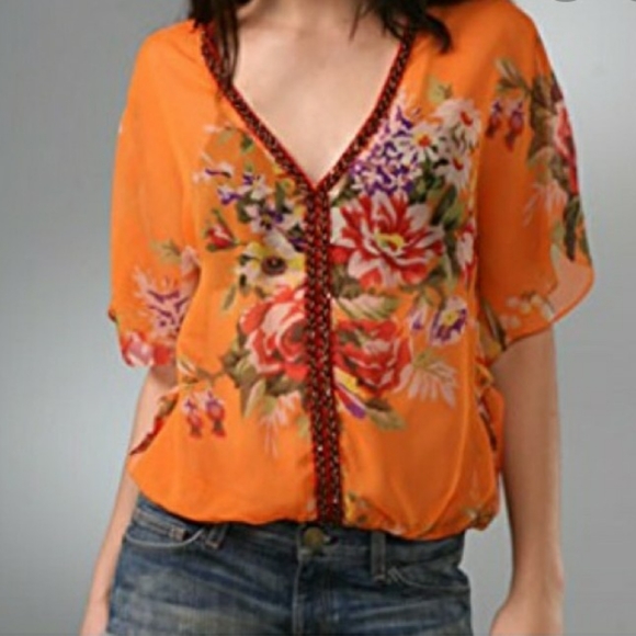 Free People | Tops | Free People Sheer Orange Floral Beaded Top | Poshmark